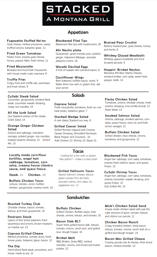 Menu | Stacked, A Montana Grill
